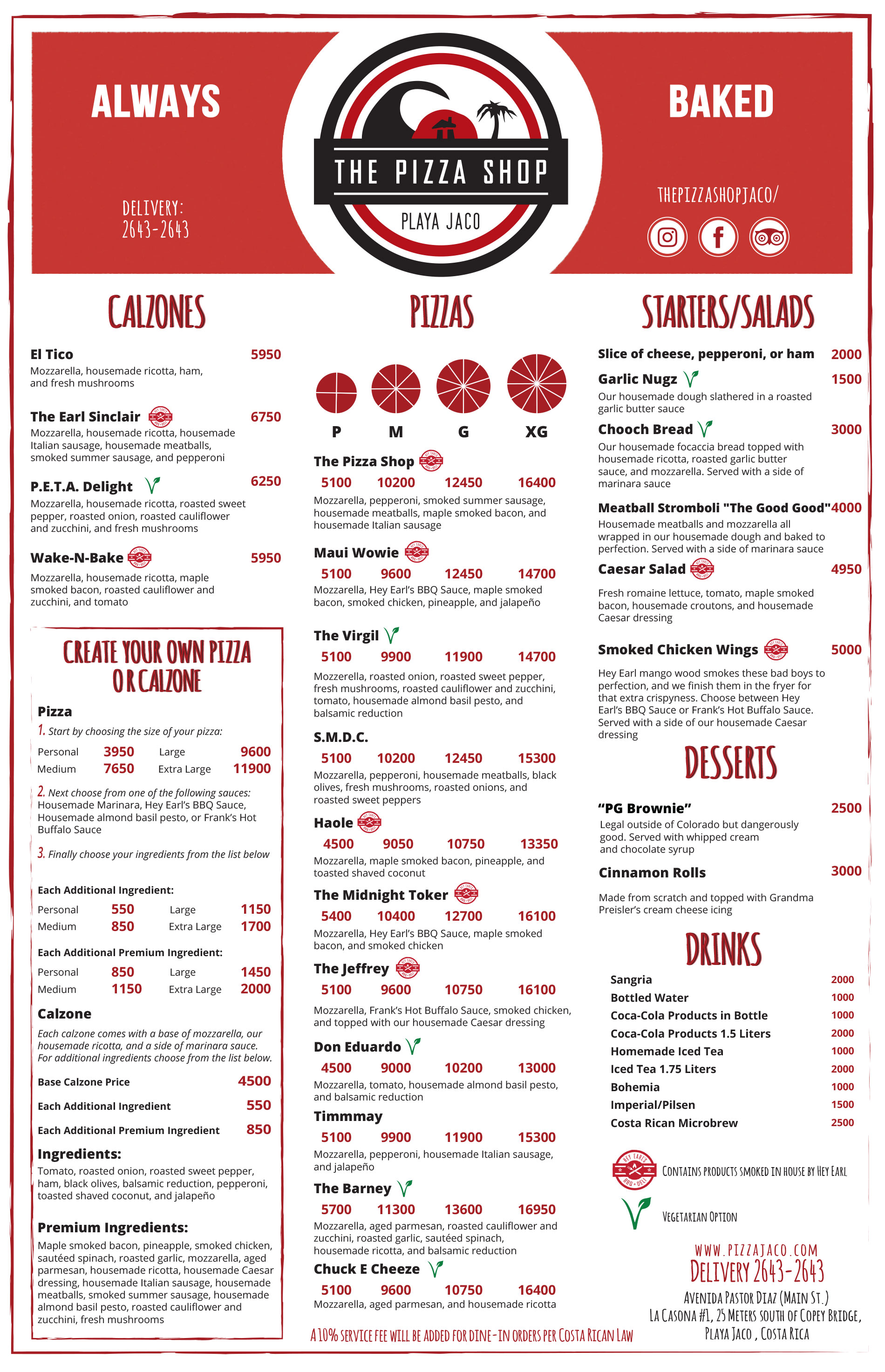 The Pizza Shop | Playa Jaco Restaurant | Menu