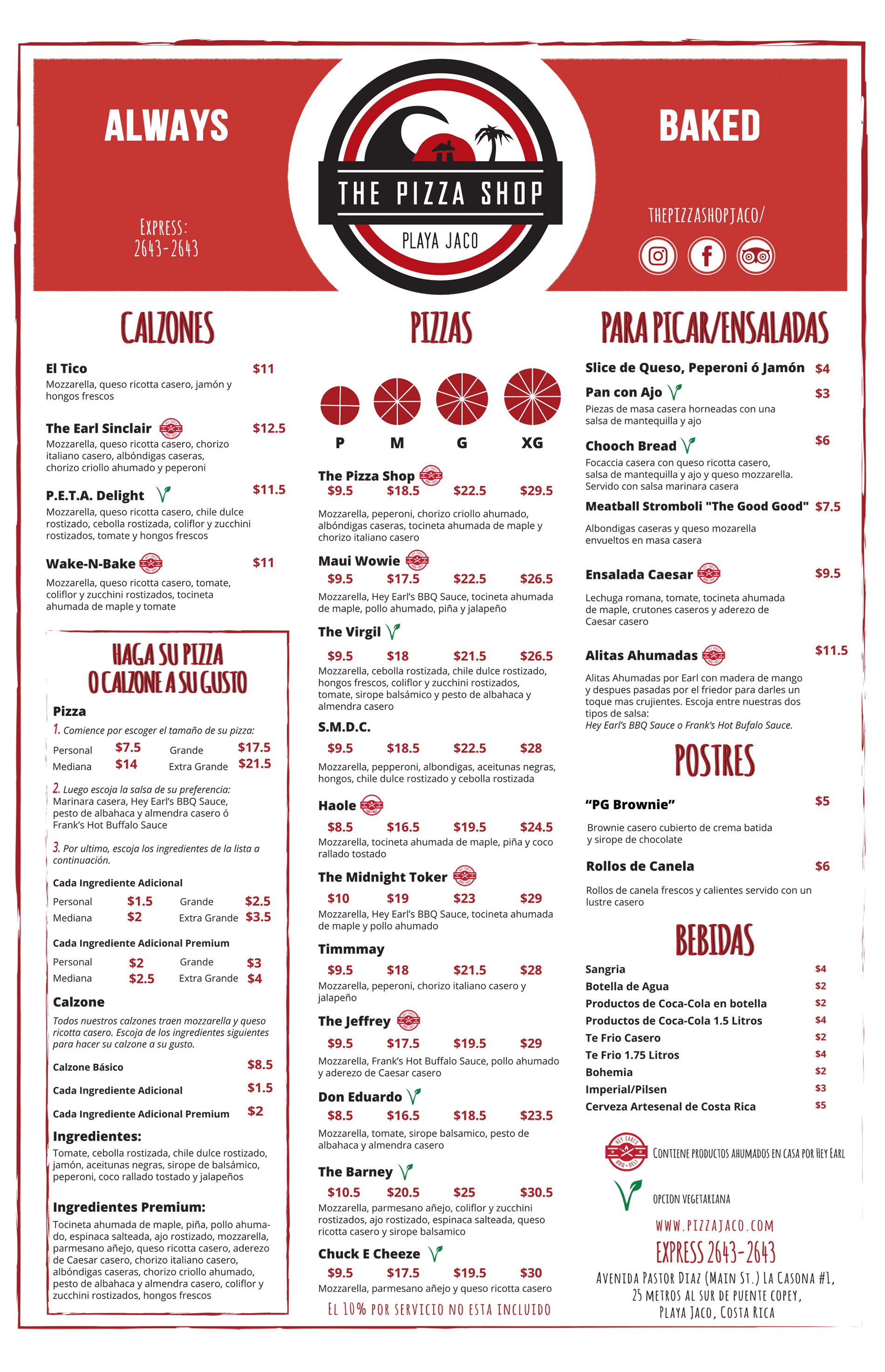 The Pizza Shop | Playa Jaco Restaurant | Menu
