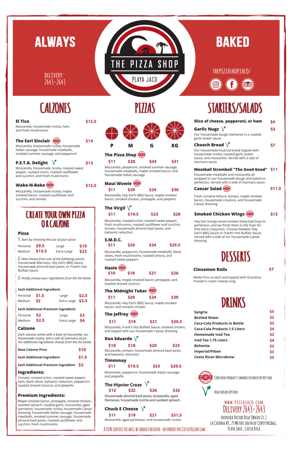 The Pizza Shop | Playa Jaco Restaurant | Menu