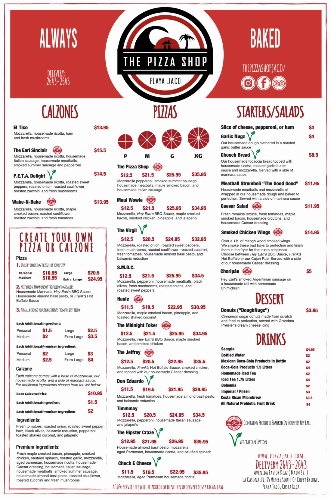 The Pizza Shop | Playa Jaco Restaurant | Menu