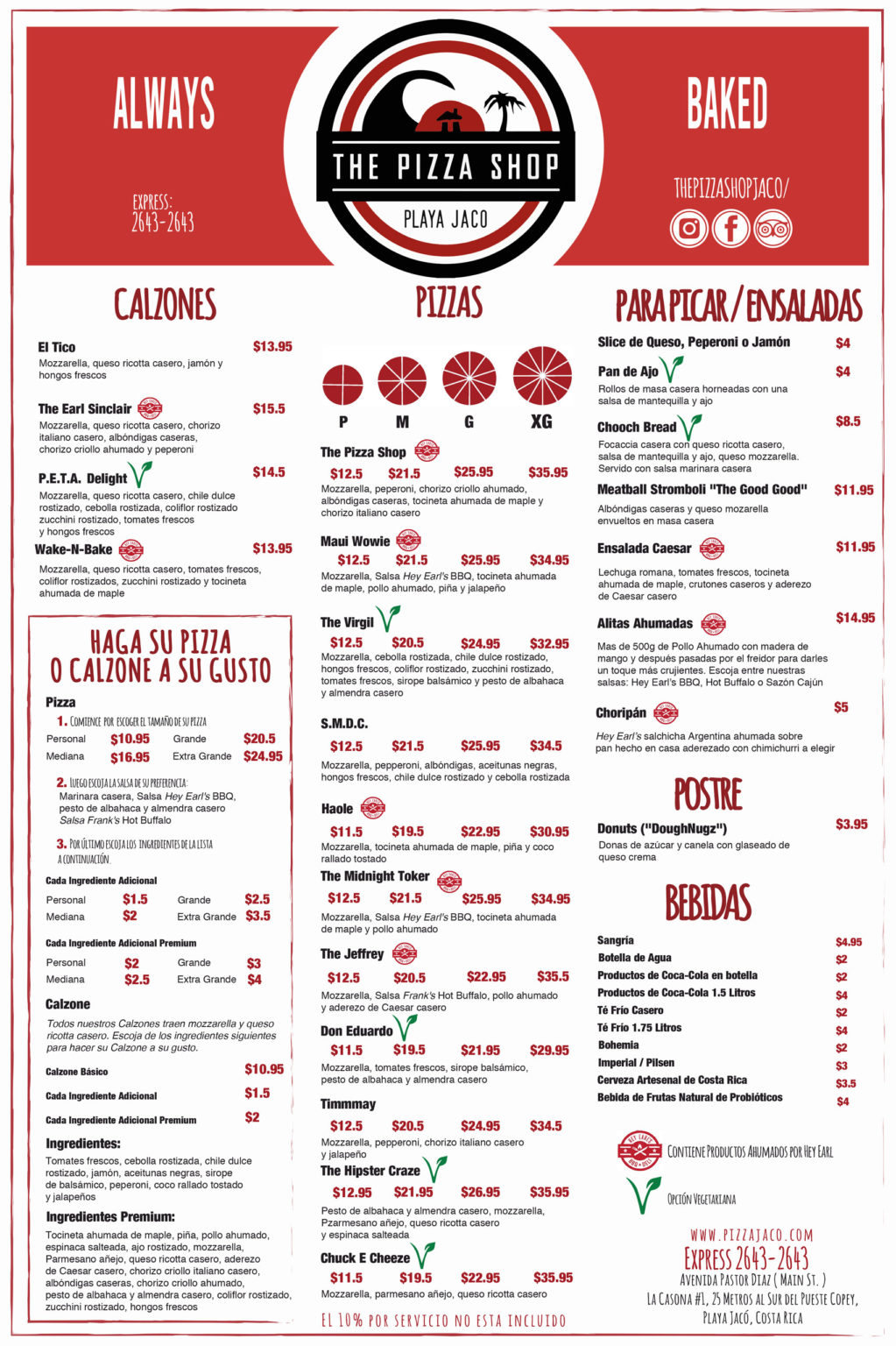 The Pizza Shop | Playa Jaco Restaurant | Menu
